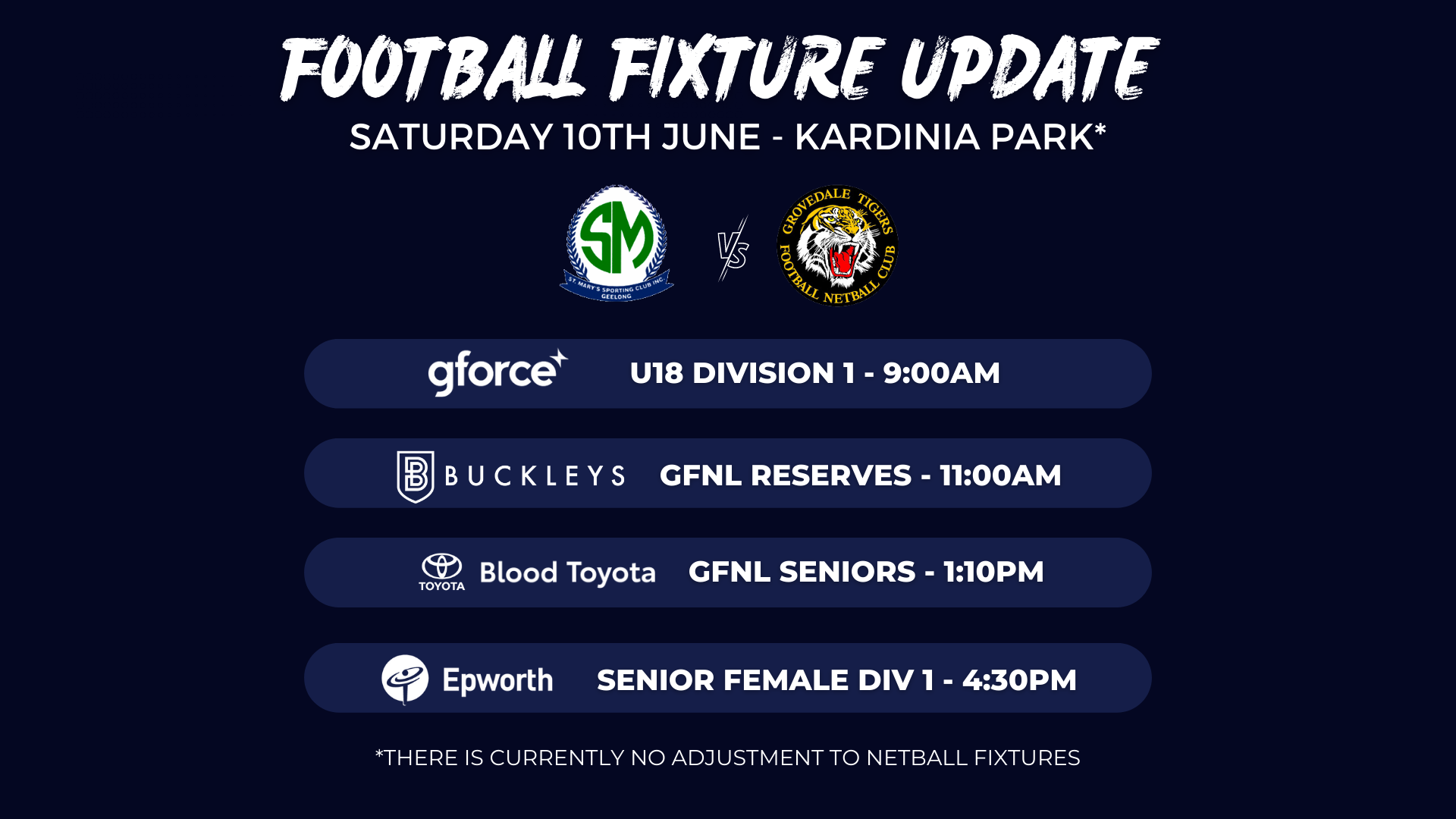 June 10th Football Fixture Update - St Marys vs Grovedale